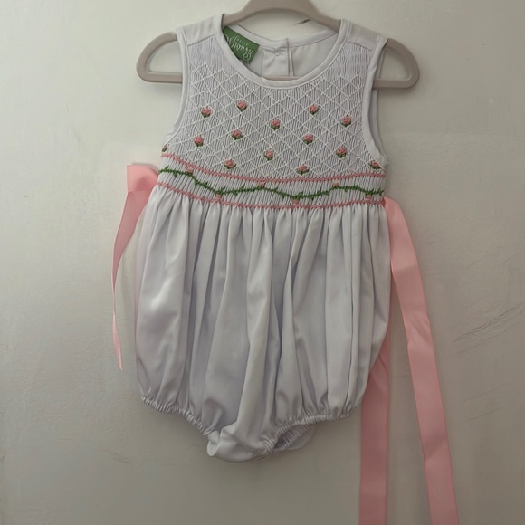 One Pieces | White Smocked Bubble With Pink Flower Detailing | Poshmark